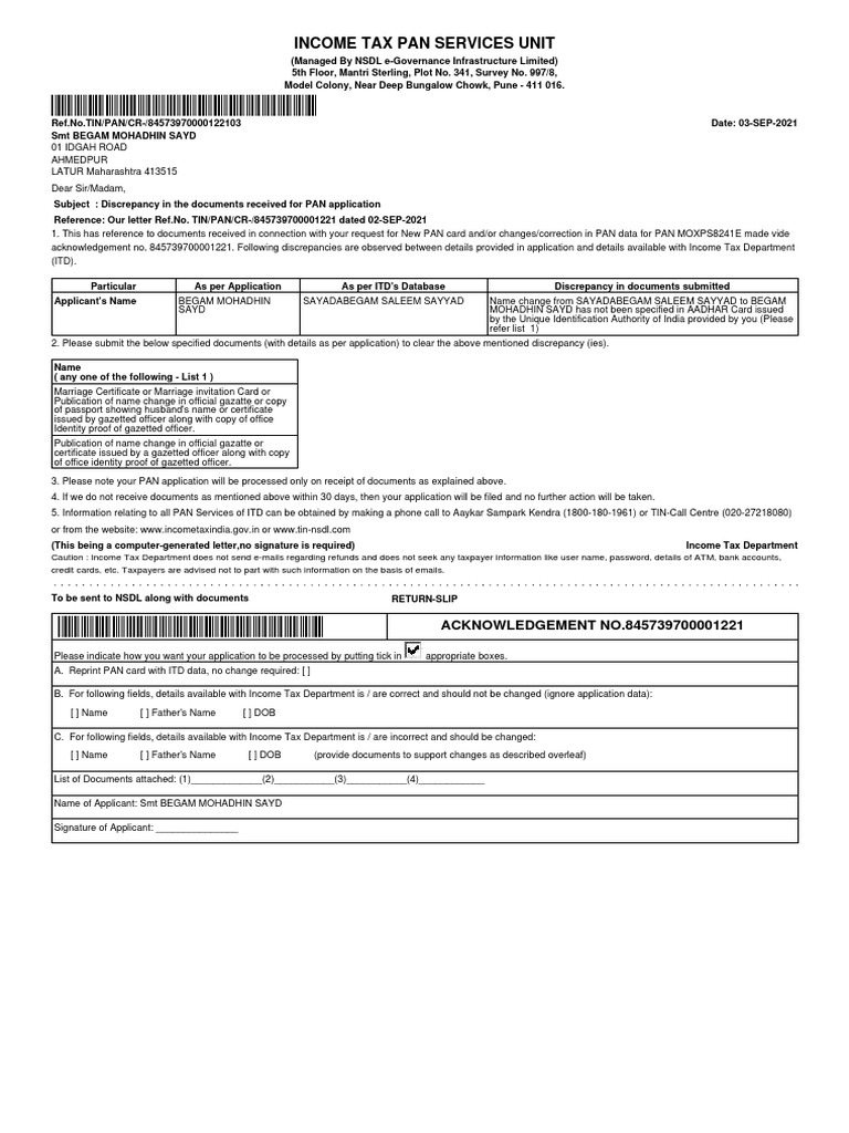 Income Tax Pan Services Unit: ACKNOWLEDGEMENT NO.845739700001221 | PDF