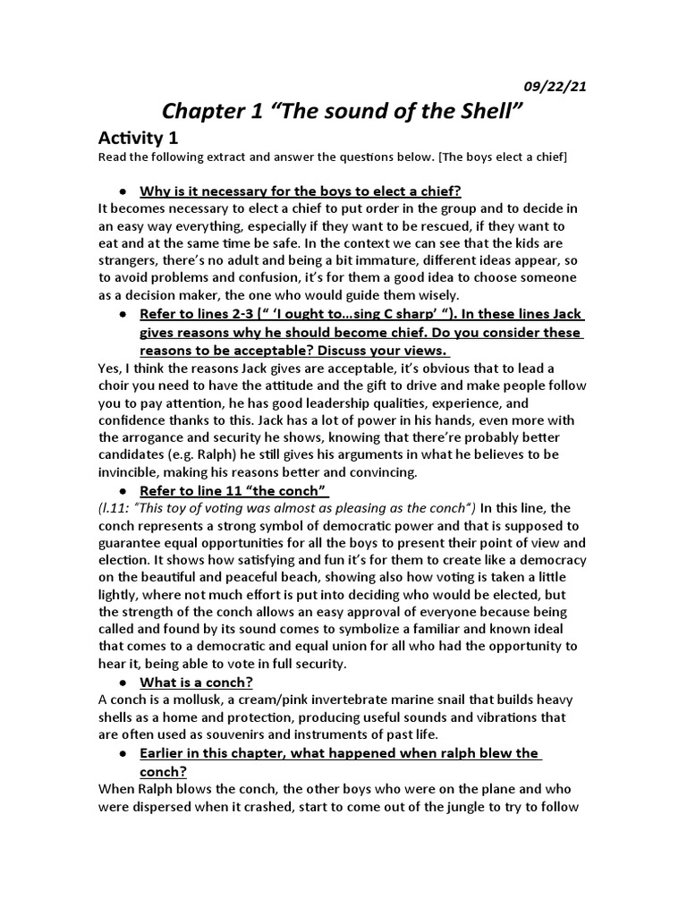 Chapter 1 "The Sound of The Shell": Activity 1 | PDF | Reason