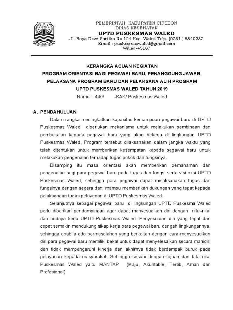 Kak Program Orientasi Bagi Pegawai Baru, PJ, Pelaksana Upaya Baru | PDF