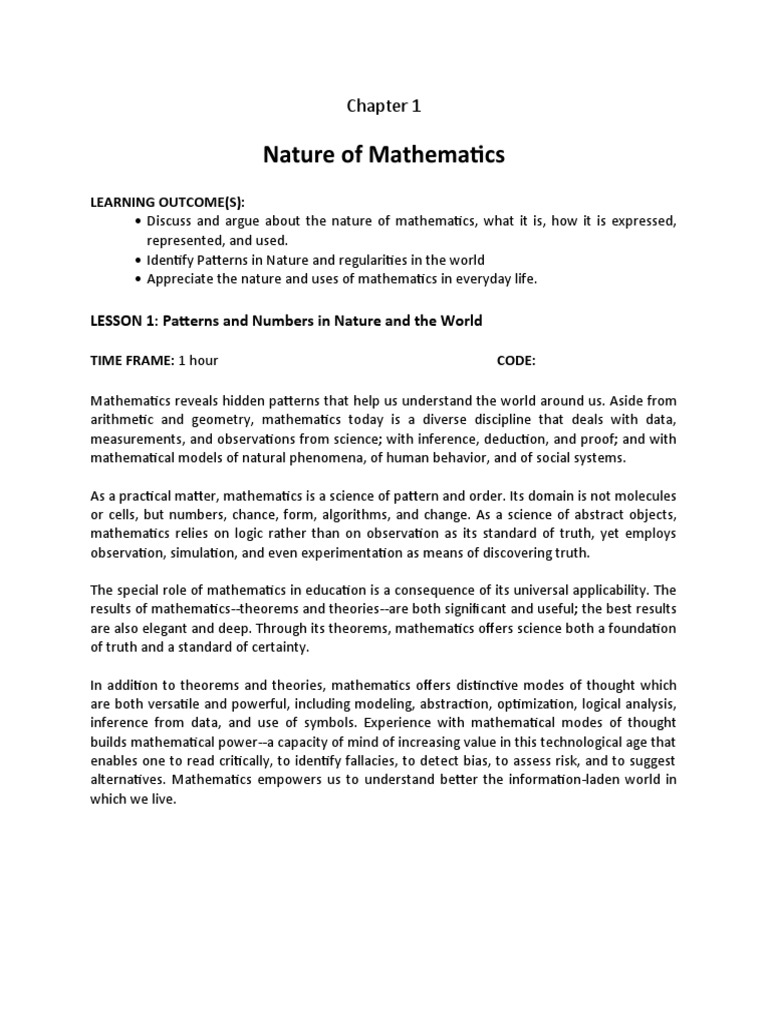 CHAPTER 1 Nature of Mathematics Lesson1 | PDF | Mathematics | Science