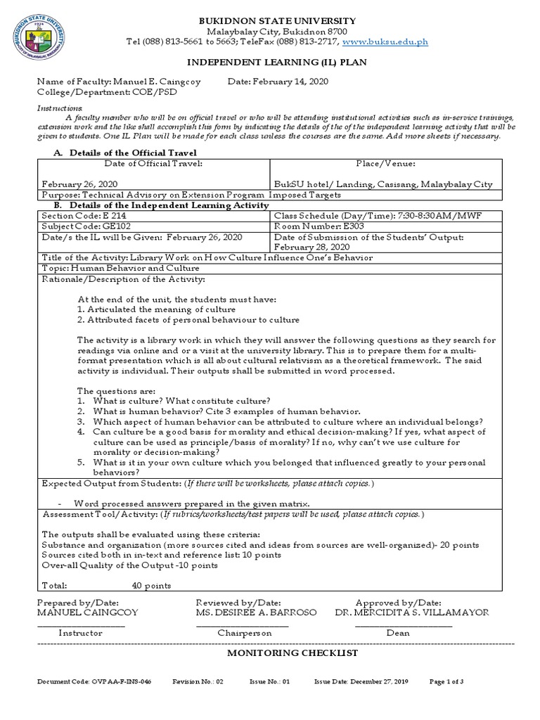 INDEPENDENT LEARNING PLAN in Ethics For February 26 2020 | PDF ...