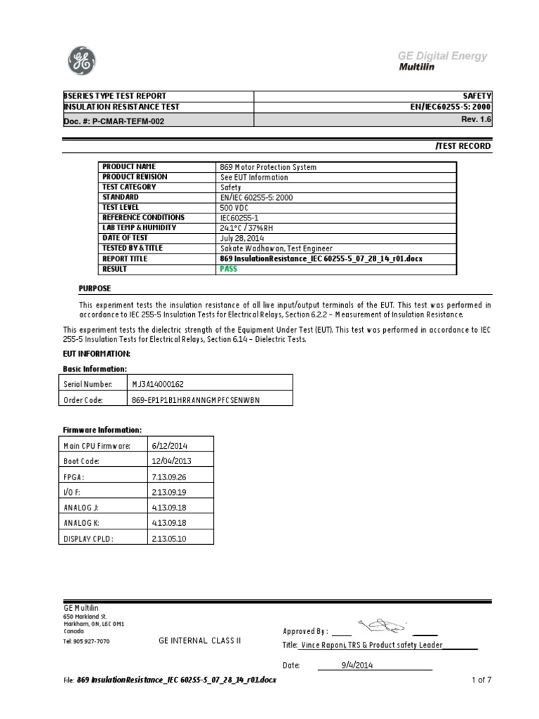 8series Type Test Report Safety Insulation Resistance Test EN/IEC60255 ...