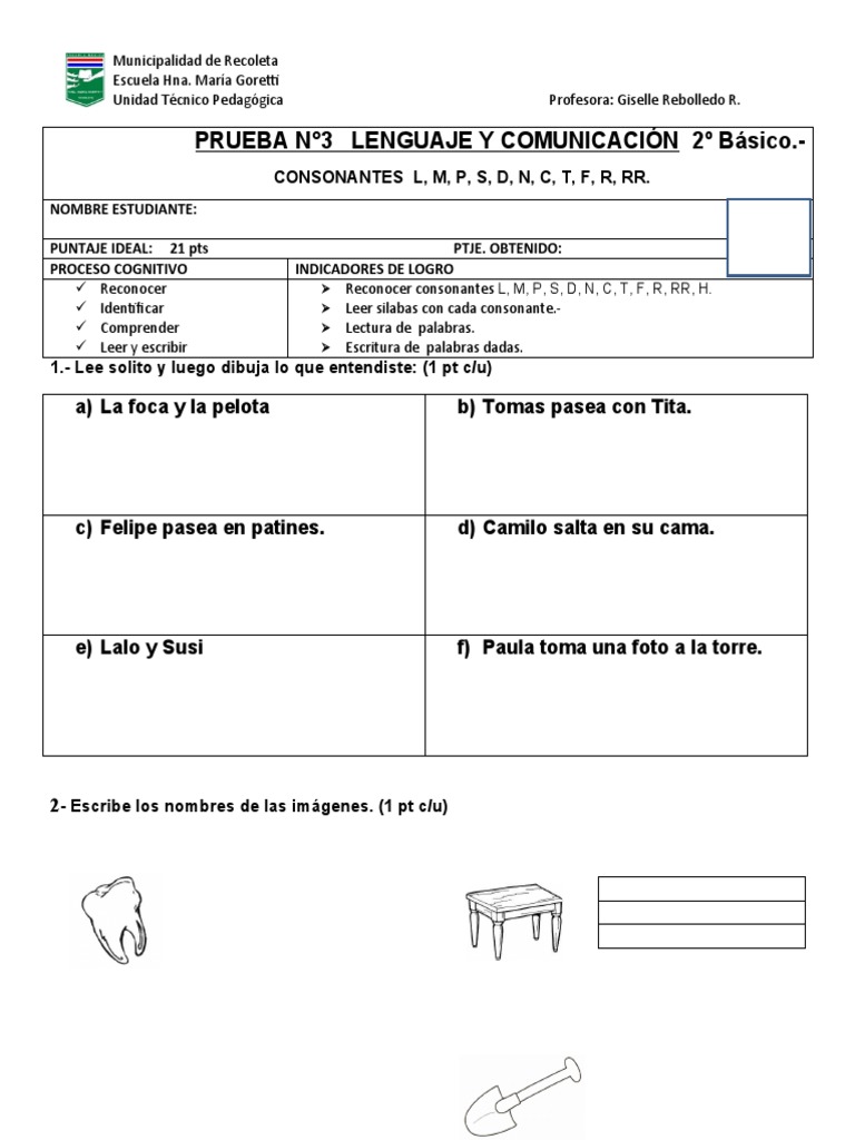 Evaluación de Consonantes en 2º Básico | PDF | Artes del Lenguaje y ...
