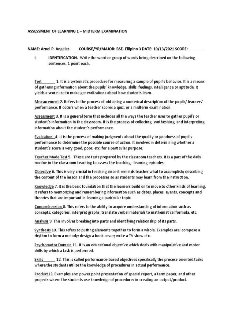 Midterm Exam Key for Learning Assessment 1 | PDF | Educational ...