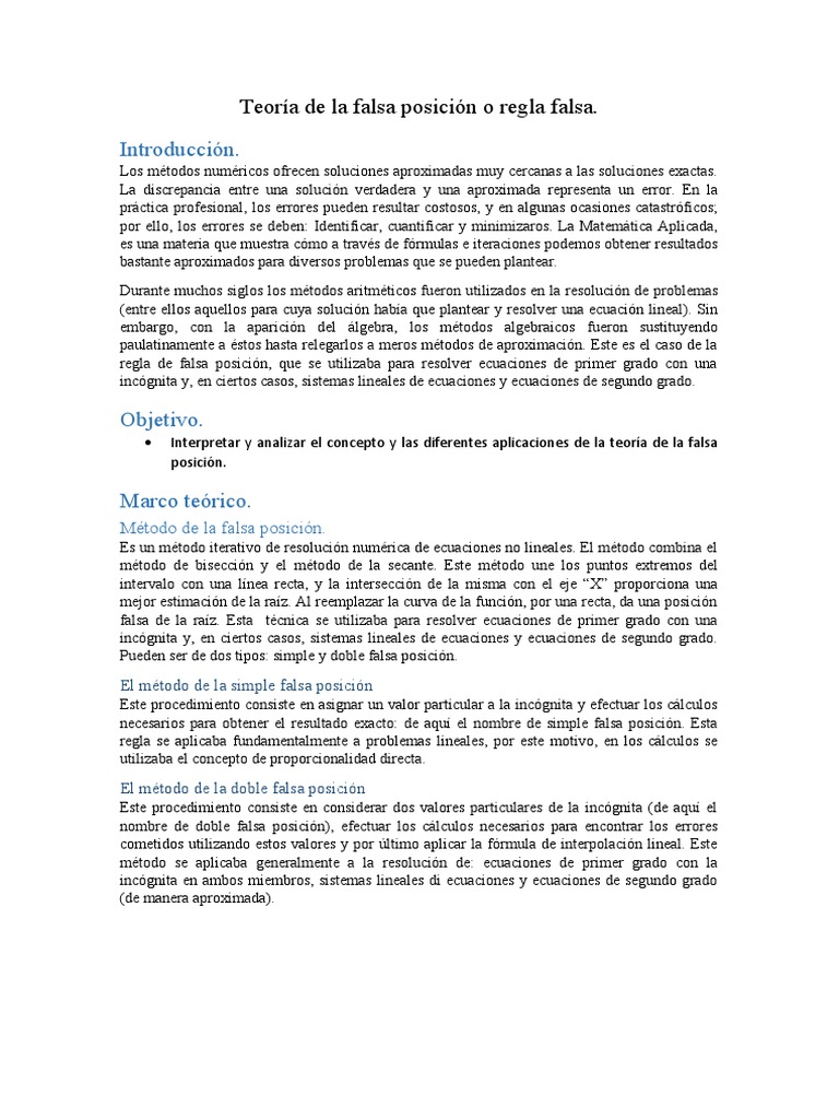Teoría de La Falsa Posición o Regla Falsa | PDF | Ecuaciones | Linealidad