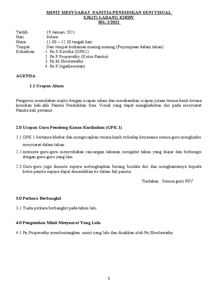Minit Mesyuarat Panitia Seni 1 2021 | PDF