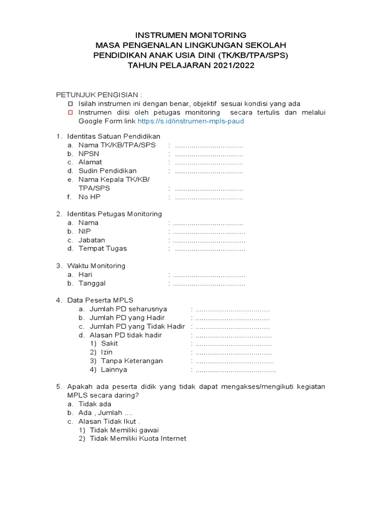 Instrumen Monev MPLS PAUD 2021 | PDF