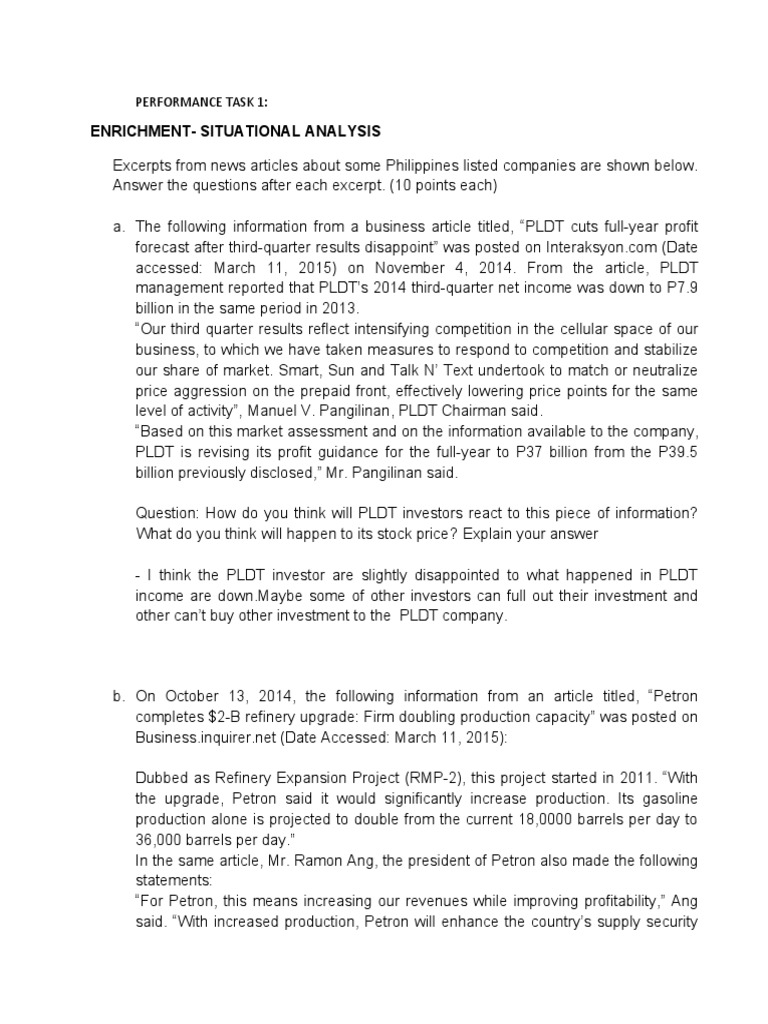 Enrichment-Situational Analysis: Performance Task 1 | PDF | Gasoline ...