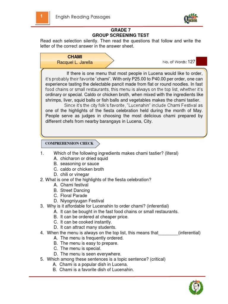 Grade 7 Group Screening Test: Comprehension Check | PDF