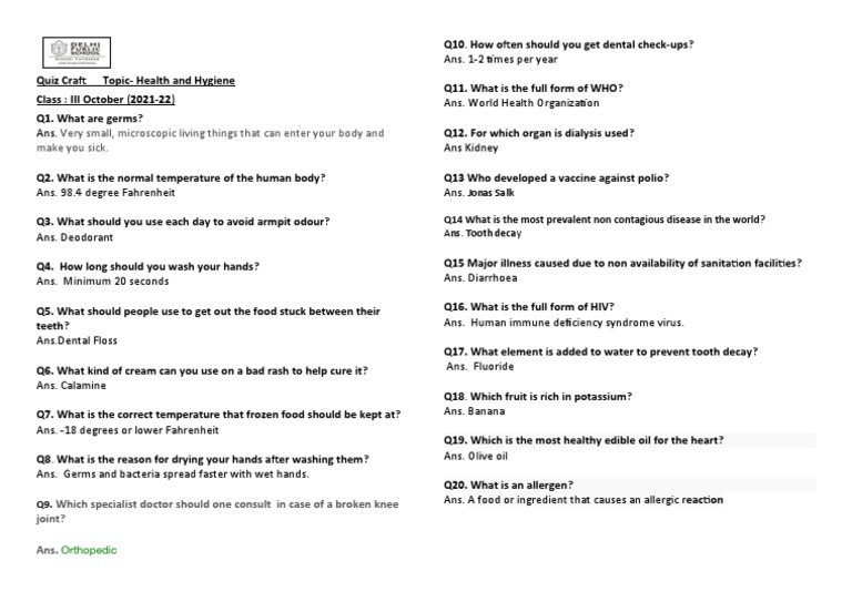 Essential Health and Hygiene Questions: A 20 Question Quiz on Germs ...