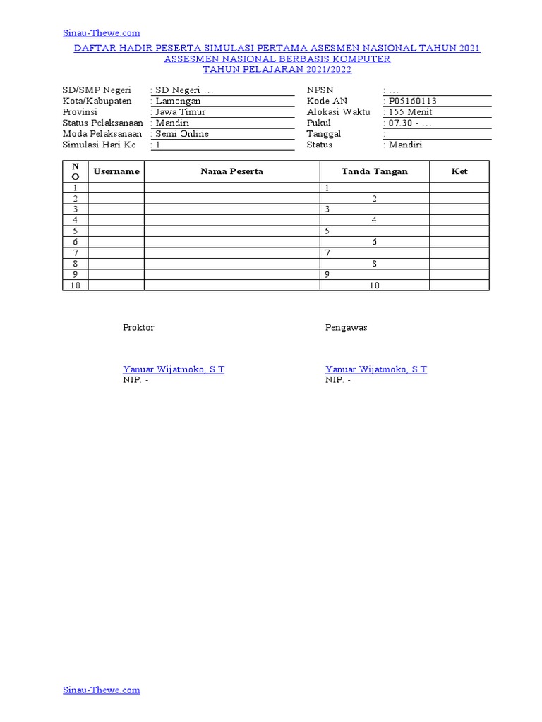 Daftar Hadir Peserta Simulasi ANBK Tahun 2021 | PDF