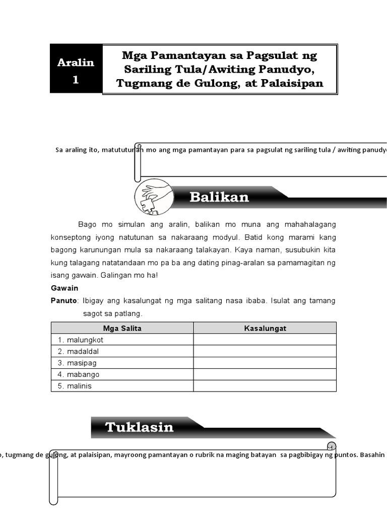 Filipino - 7 - Q3 - M4 - Mga Pamantayan Sa Pagsulat NG Sariling Tula o ...