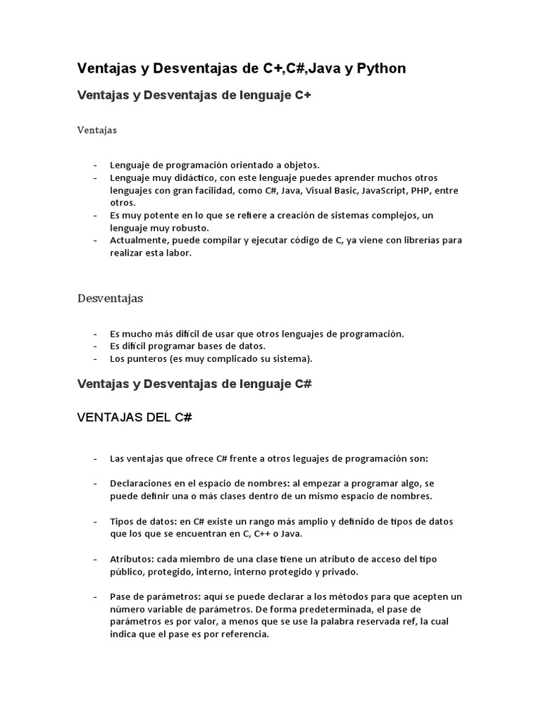 Ventajas y Desventajas de C+,C#,Java y Python | PDF | Lenguaje de ...