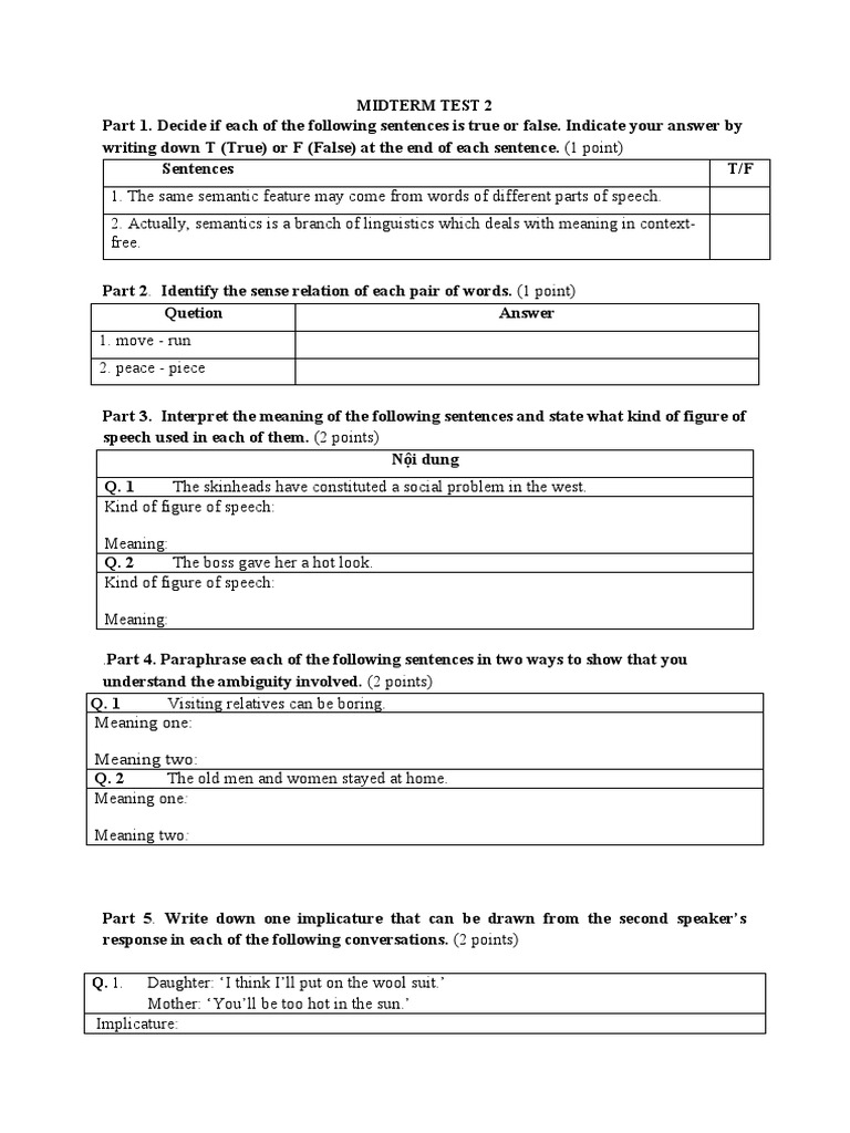 Semantics-Midterm Test 2-Lop 1 | PDF