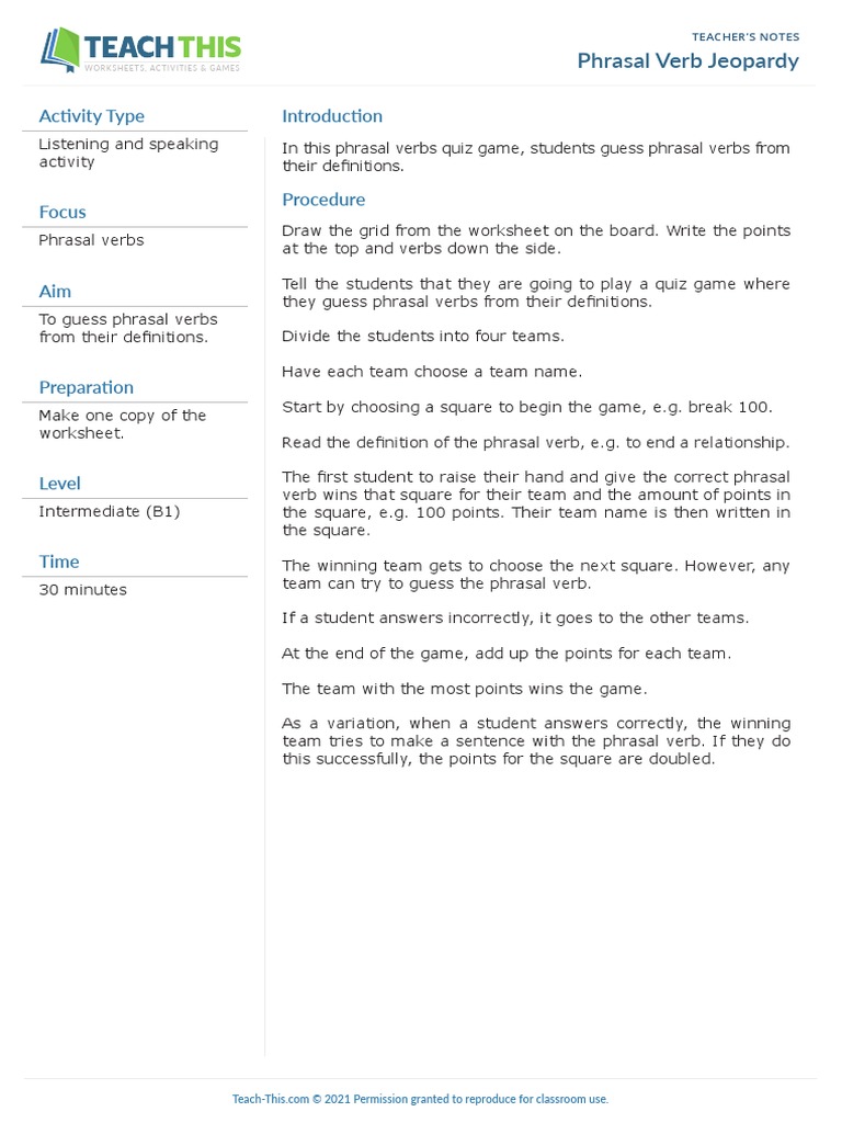 Phrasal Verb Jeopardy 2 | PDF | Linguistics