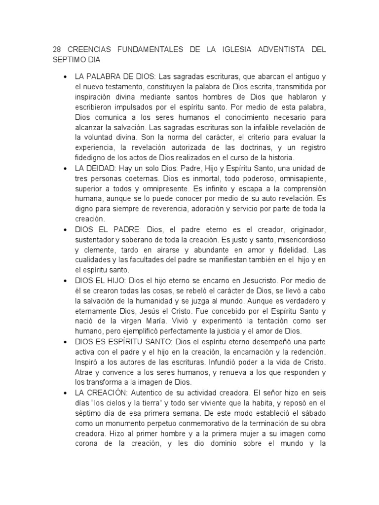 28 Creencias Fundamentales de La Iglesia Adventista Del Septimo Dia | PDF | Salvación | Jesús