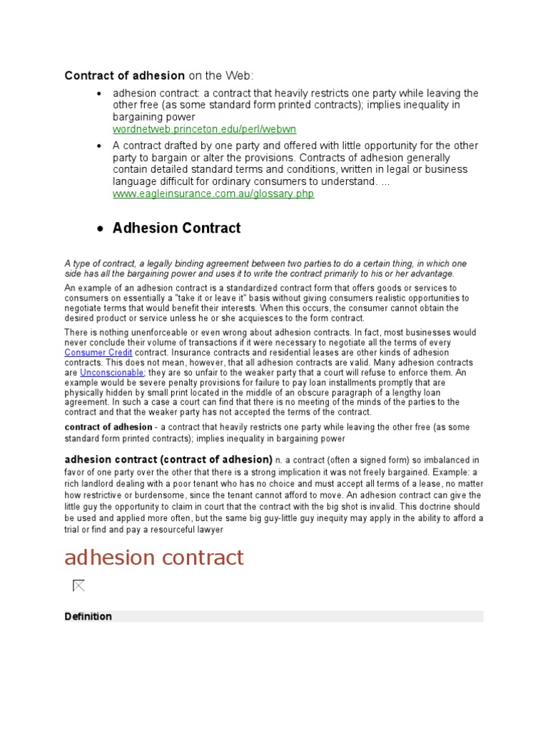 Adhesion Contract | Contractual Term | Contract Law