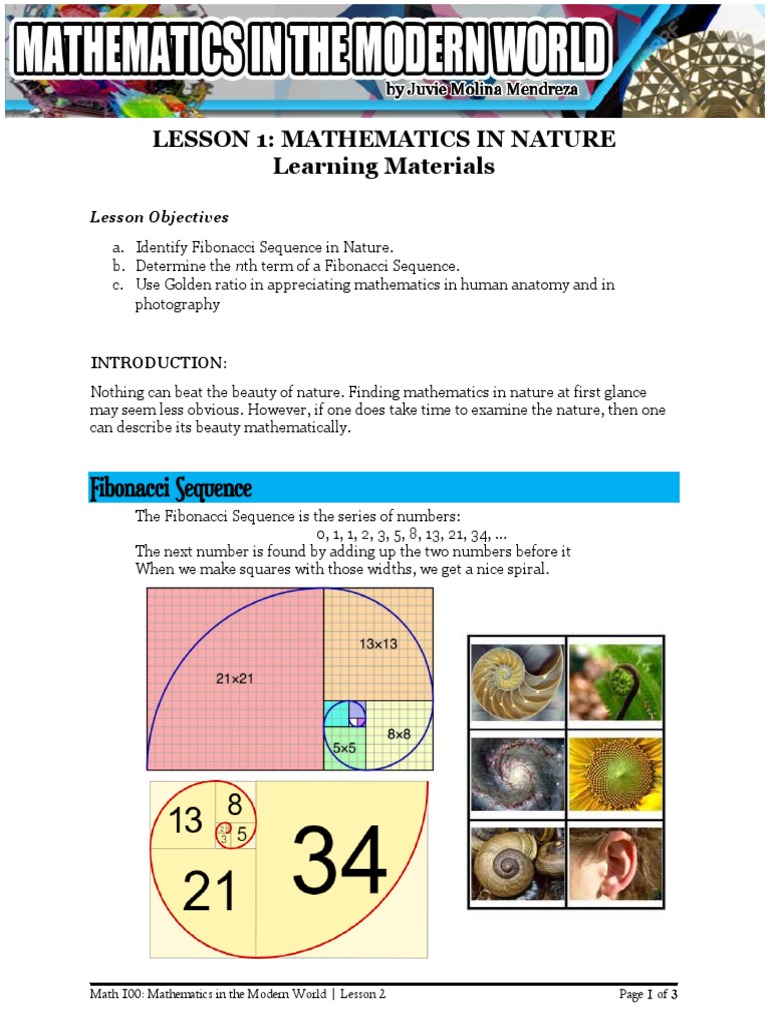 Lesson 1: Mathematics in Nature Learning Materials: Fibonacci Sequence ...