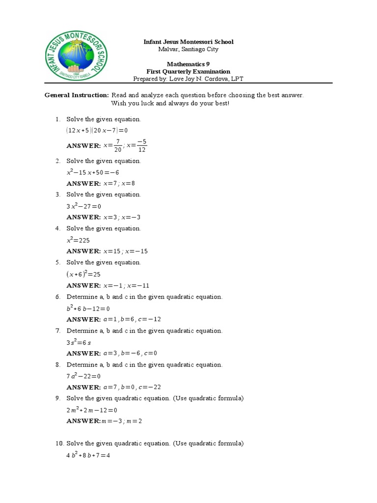 1st Quarter Grade 9 Exam | PDF | Quadratic Equation | Number Theory