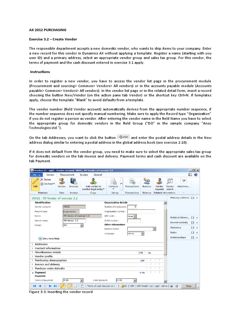 AX 2012 Exercise 3 - 2 - Create Vendor | PDF