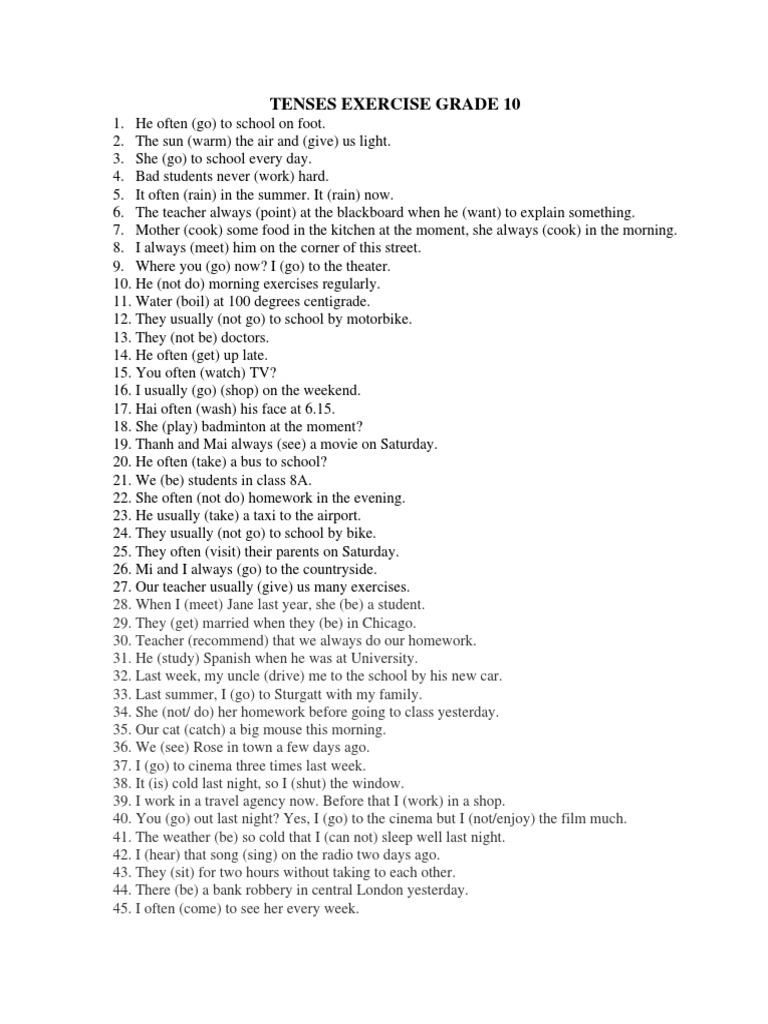 Grade 10 Tenses Exercise Worksheet | PDF