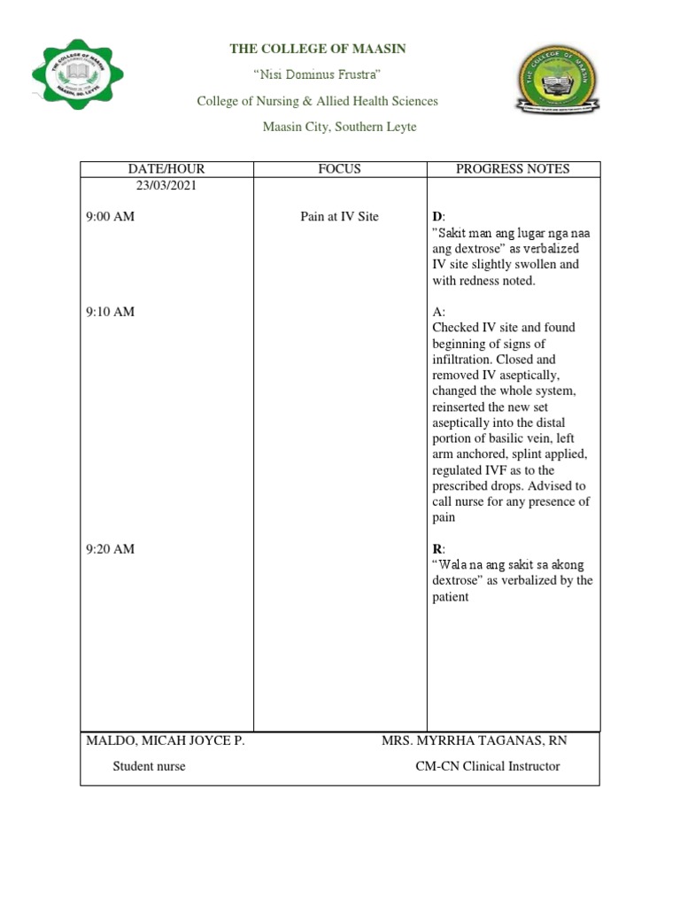 Nursing Documentation of IV Infiltration and Resolution of Patient Pain ...