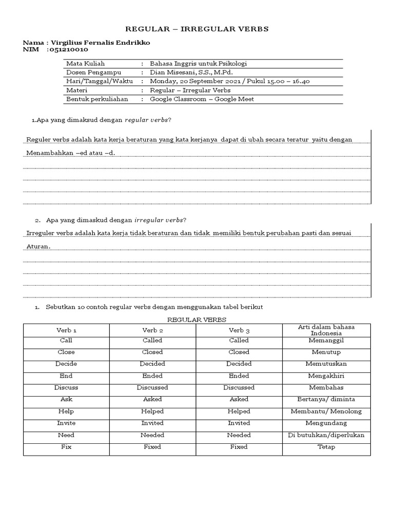 Regular-Irregular Verbs-Assignment | PDF