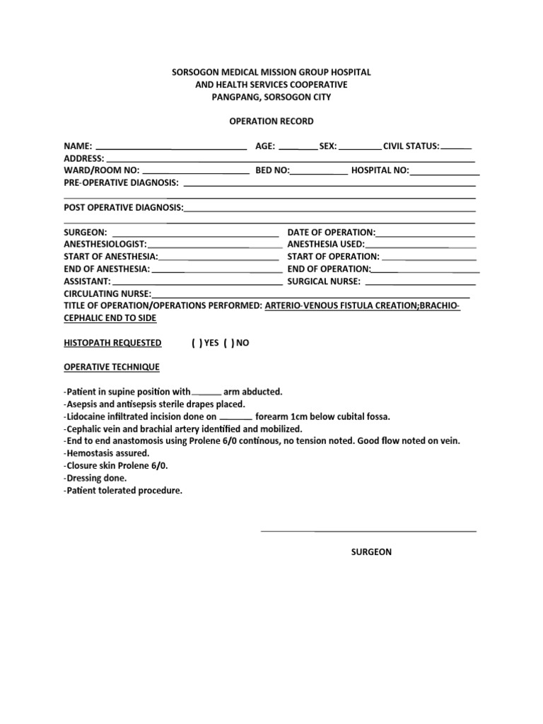 Avf Creation Form | PDF | Surgery | Anesthesia
