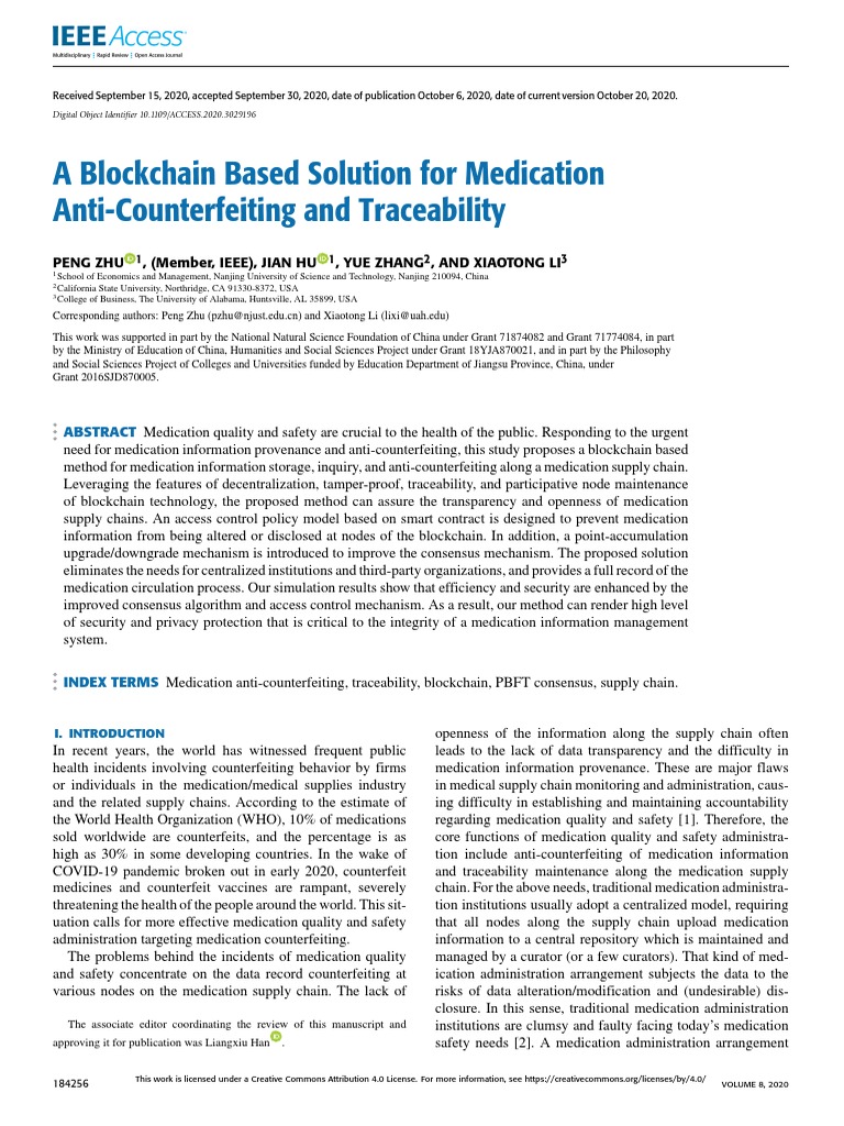A Blockchain Based Solution For Medication Anti Counterfeiting And Traceability Pdf Supply