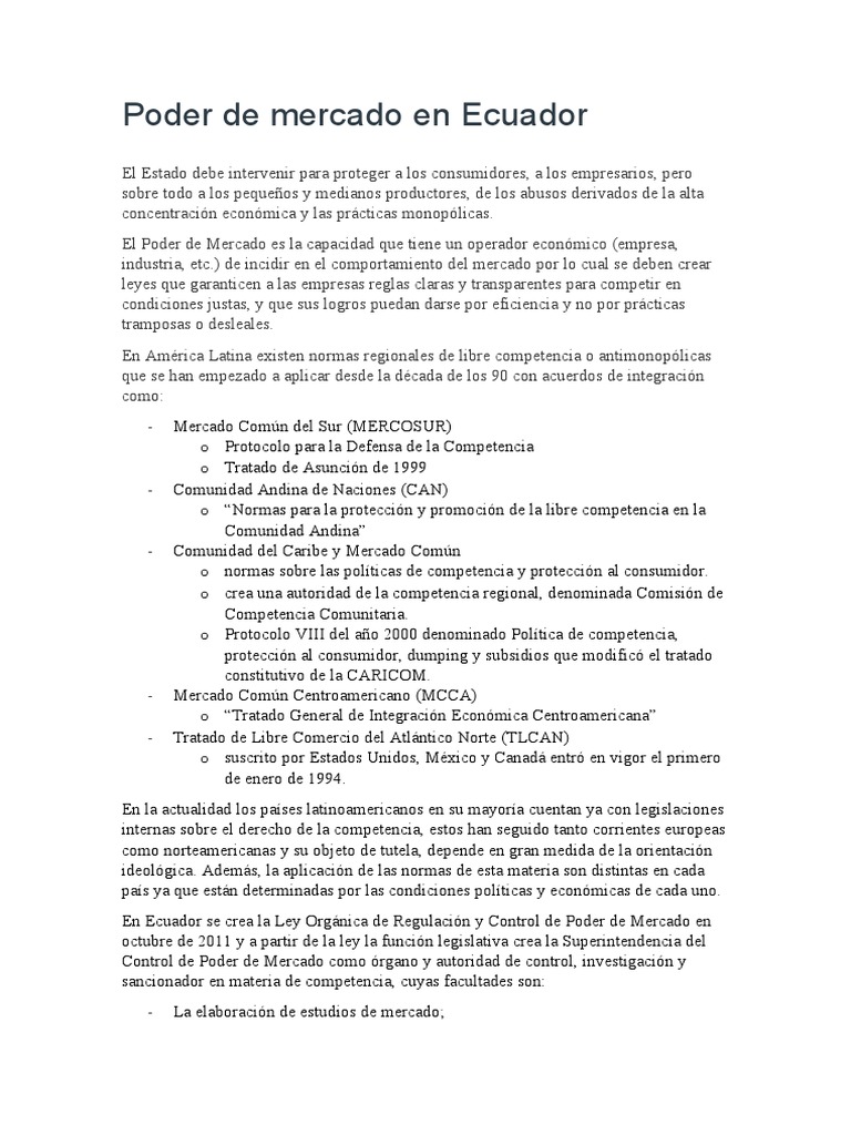 Poder de Mercado en Ecuador | PDF | Monopolio | Tratado de Libre ...