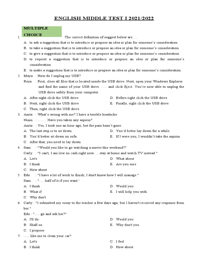 English Middle Test I 2021/2022 | PDF