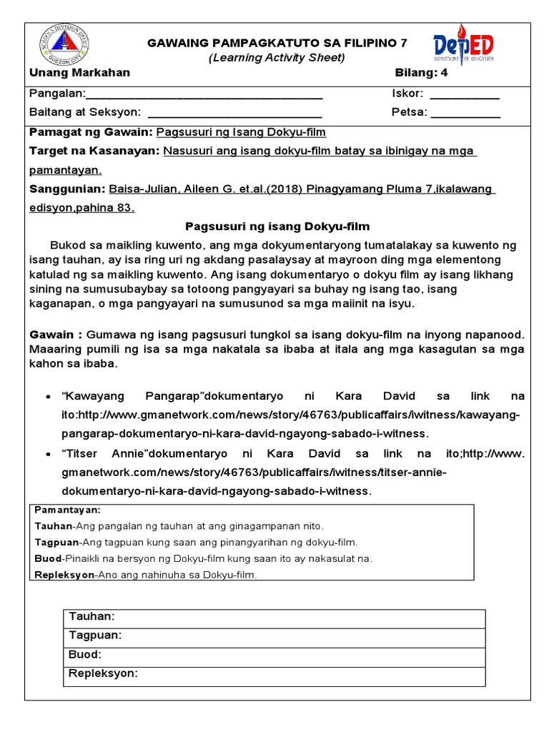 Fil7 Q1 LAS4 Pagsusuri NG Isang Dokyu Film V3 | PDF