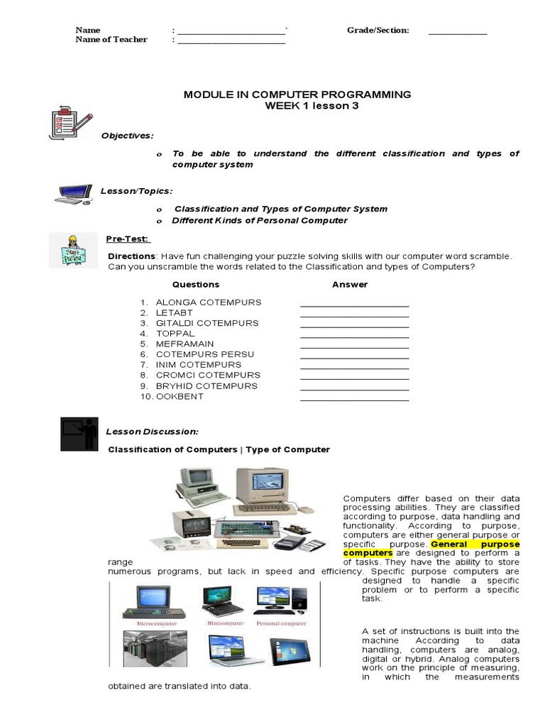 Module in Computer Programming WEEK 1 Lesson 3 | PDF | Personal ...