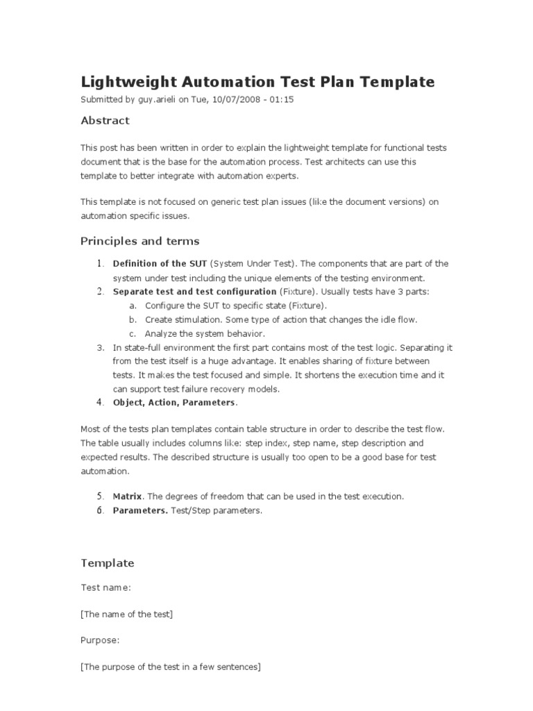 Lightweight Automation Test Plan Template | PDF | Business | Computers