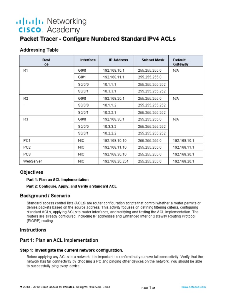 Configure Standard IPv4 ACLs in Packet Tracer | PDF | Router (Computing ...