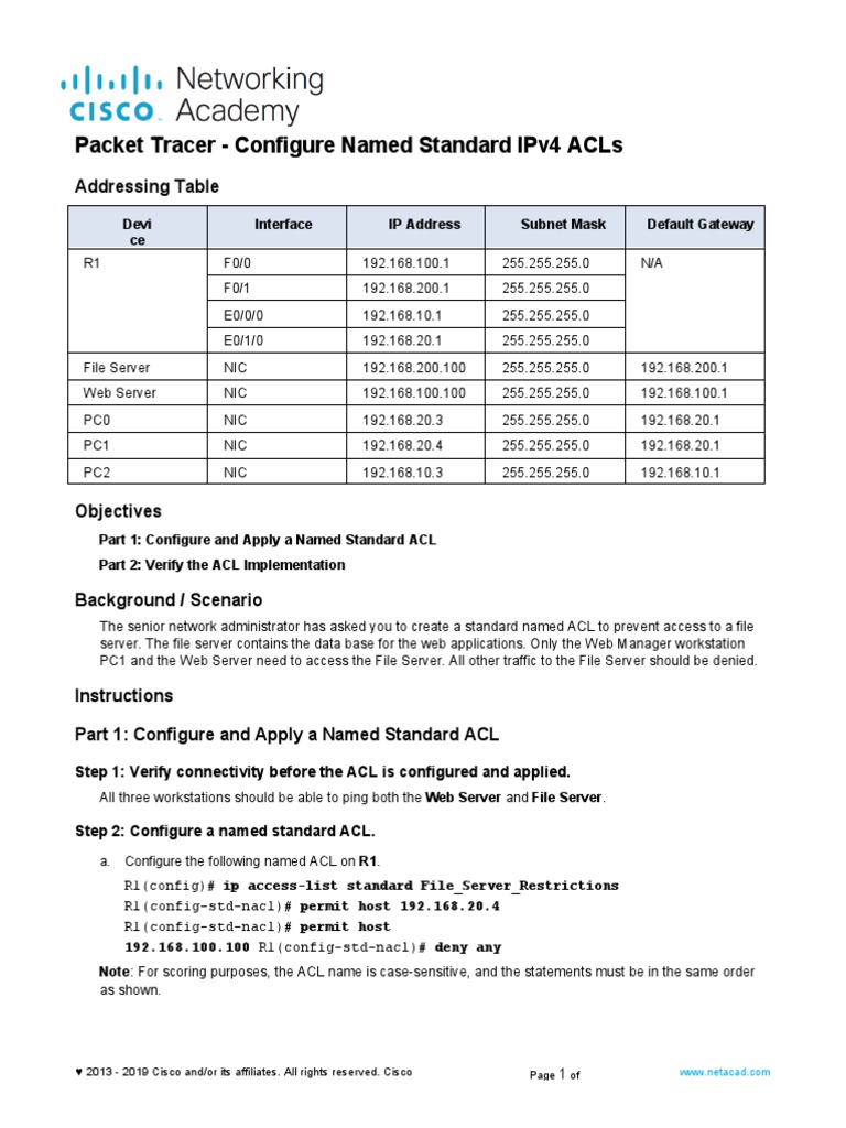 Packet Tracer - Configure Named Standard Ipv4 Acls: Addressing Table | PDF | Ip Address ...