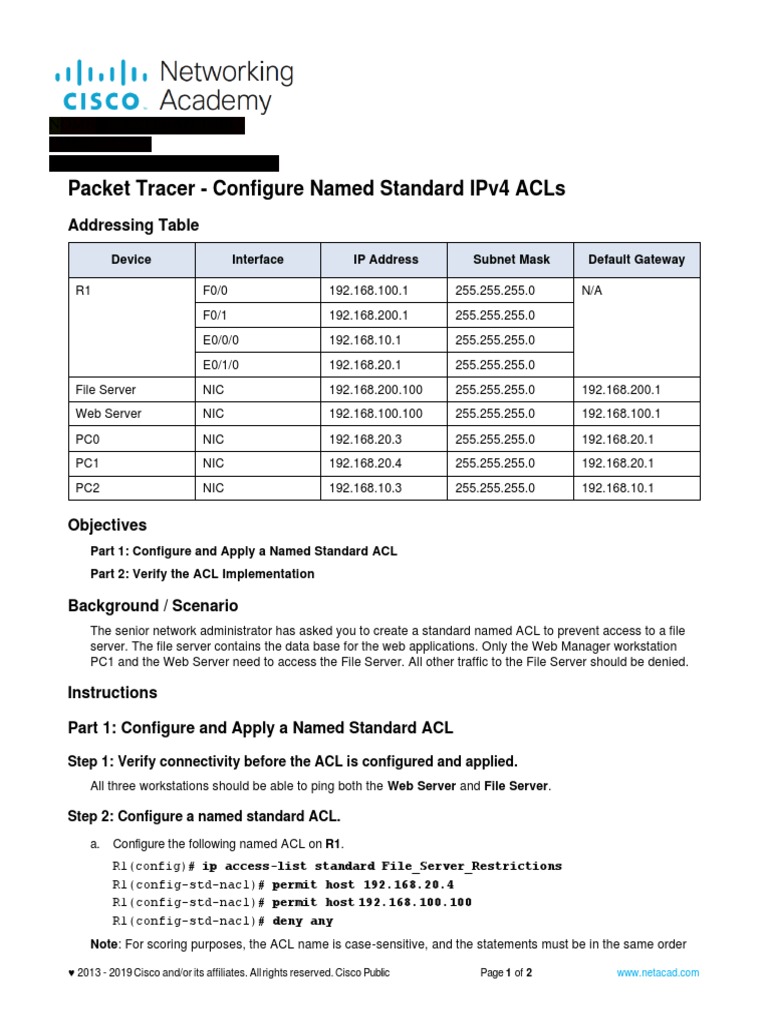 Packet Tracer - Configure Named Standard Ipv4 Acls: Addressing Table | PDF | Ip Address ...