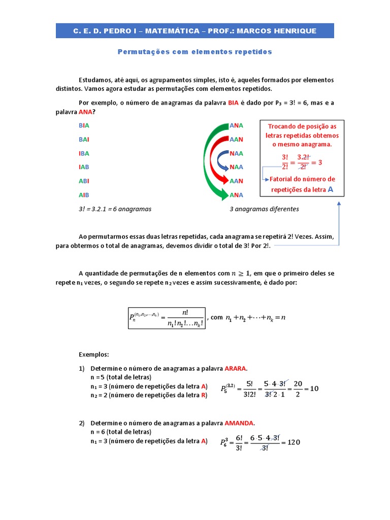 Aula 6 - Permutações Com Elementos Repetidos | PDF | Permutação ...