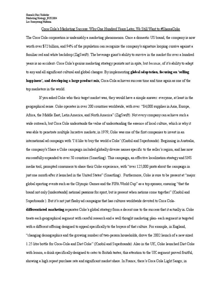 Marketing Strategy Coca Cola Midterm Paper | PDF | Coca Cola | The Coca ...