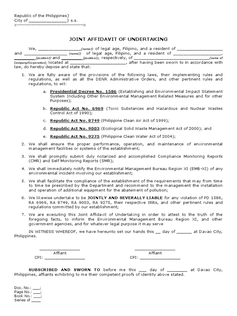 Joint Affidavit of Undertaking | PDF | Affidavit | Environmental Issues