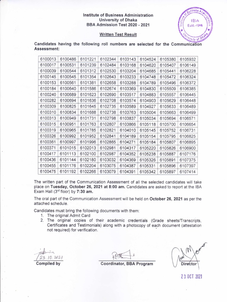 IBA BBA Written Test Result 2020-2021 - 0002 | PDF | Qualifications ...