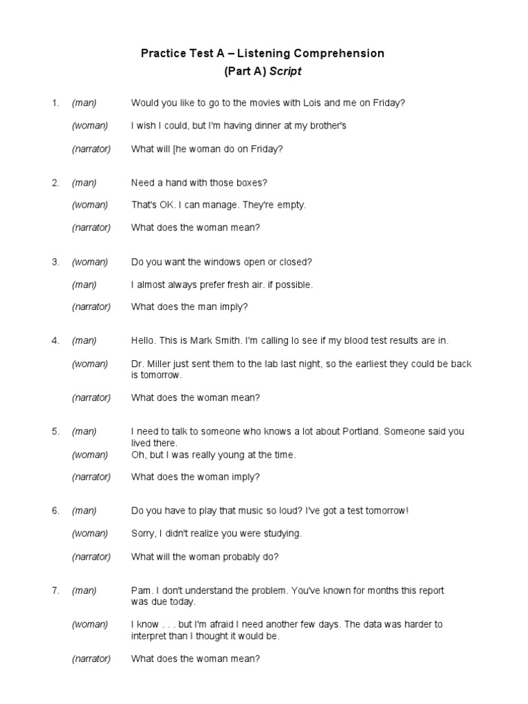 Practice Test A - Listening Comprehension (Part A) Script | PDF ...