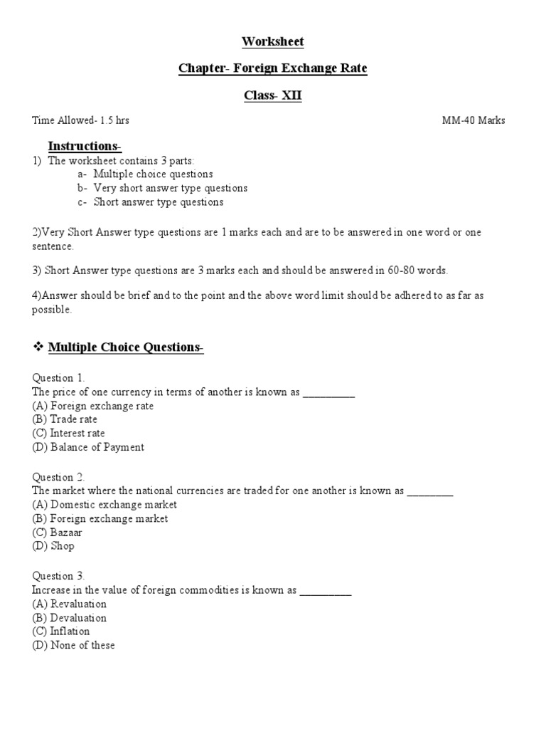 Worksheet Chapter-Foreign Exchange Rate Class - XII | PDF | Exchange ...