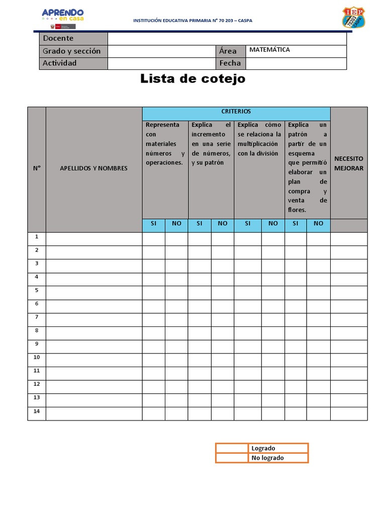 Lista de Cotejo. (Mat) 13-09 | PDF