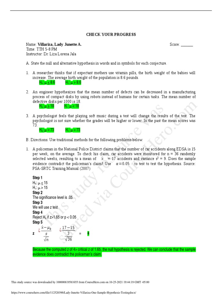 One Sample Hypothesis Testing Pdf Statistical Significance P Value
