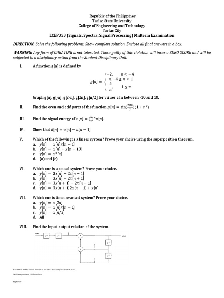 ECEP353 (Signals, Spectra, Signal Processing) Midterm Examination | PDF | Mathematical Analysis ...