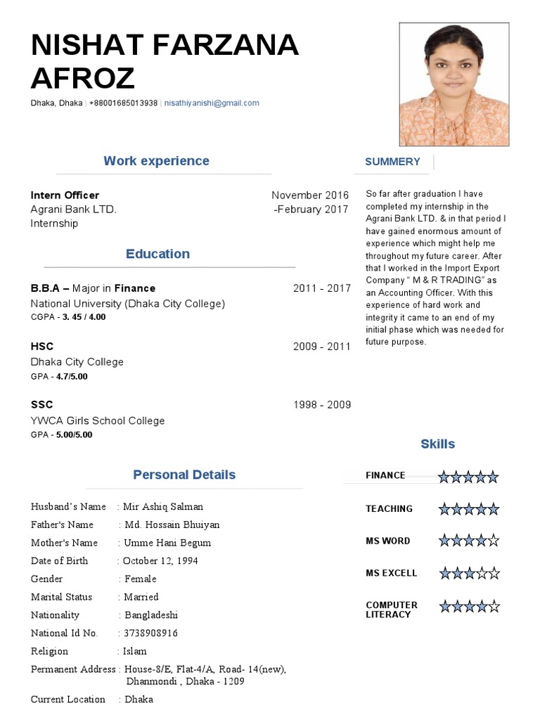 Nishat Farzana Afroz: Work Experience | PDF