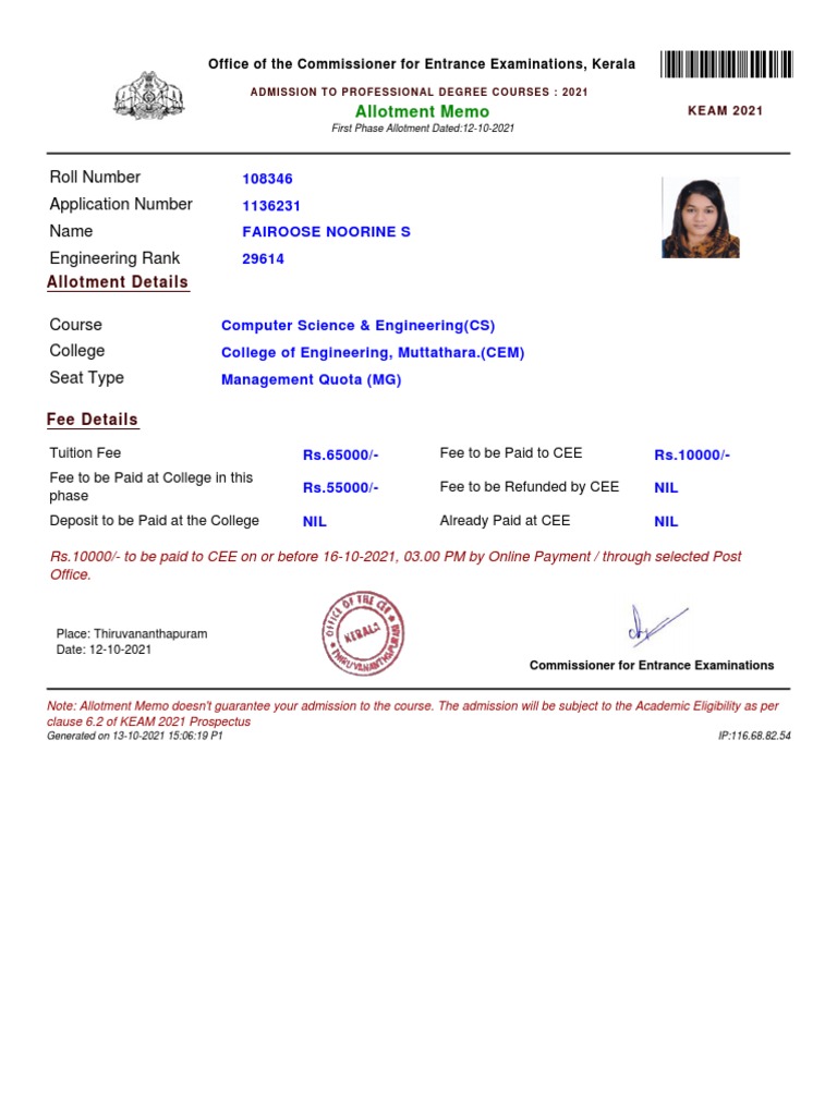 Roll Number Application Number Name Engineering Rank: Allotment Memo | PDF