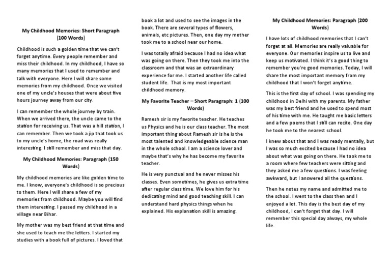 My Childhood Memories: Short Paragraph (100 Words) My Childhood ...