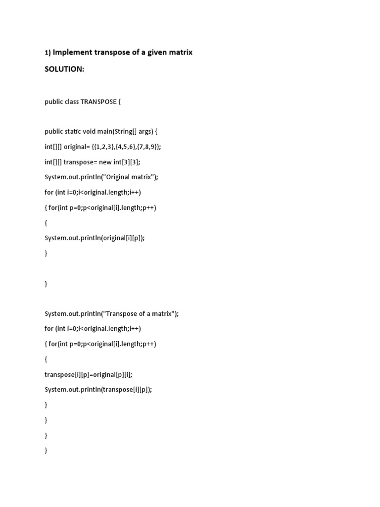 Implement Transpose of A Given Matrix Solution | PDF